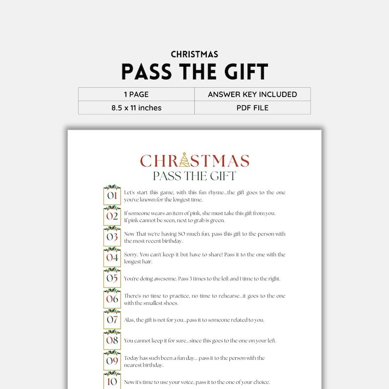 Pass the Gift Game, Christmas Party Game, Pass the Prize Game, Left ...
