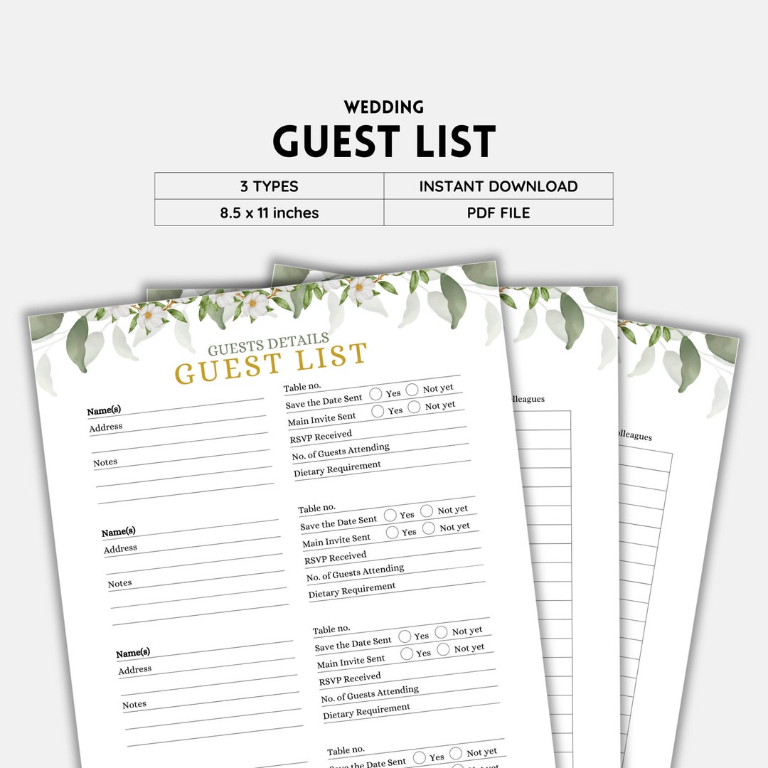 Wedding Guest List, Guest List, Wedding Guest, Guest List Printable ...
