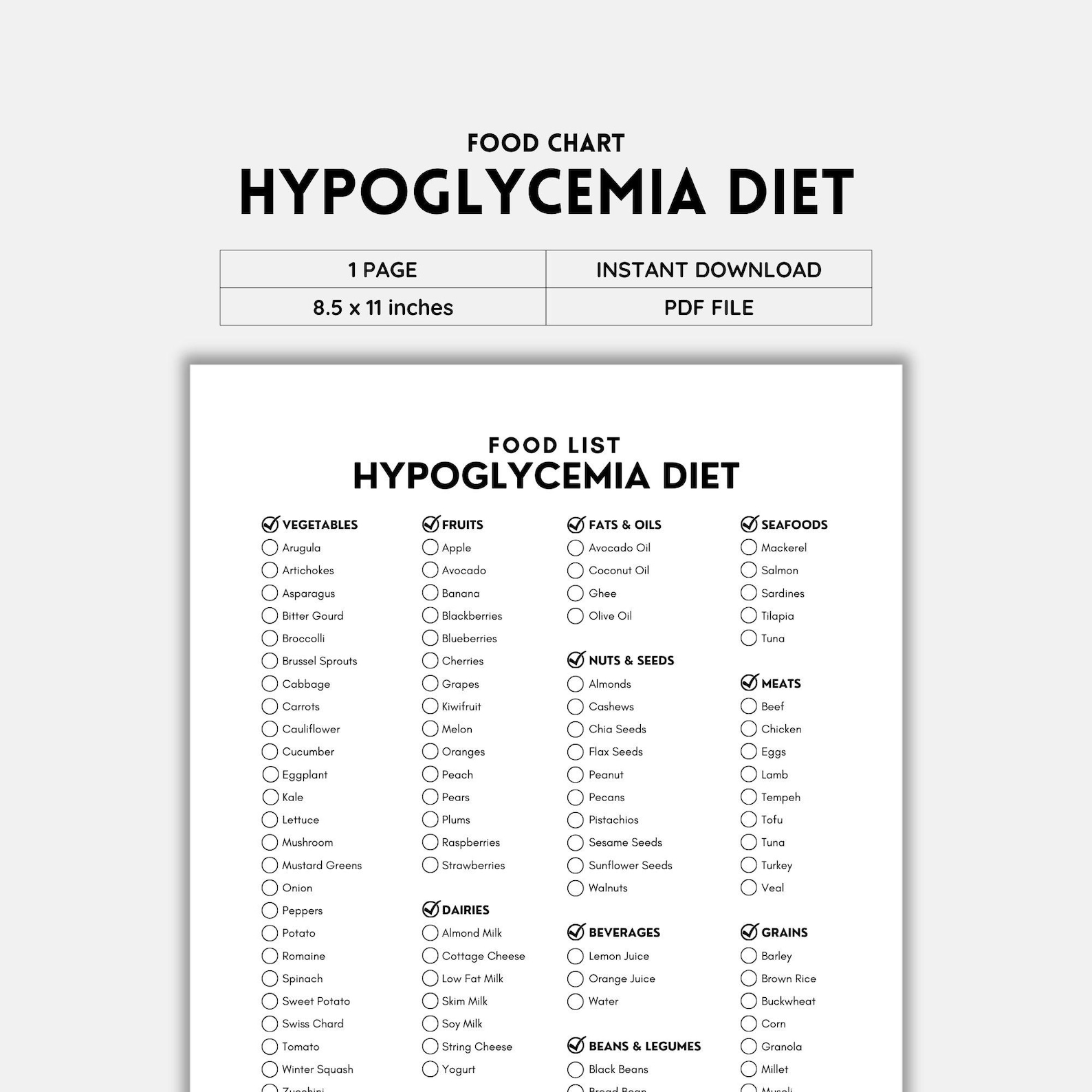 Hypoglycemia Diet Food Chart Printable | B&W PDF | Easy Blood Sugar ...