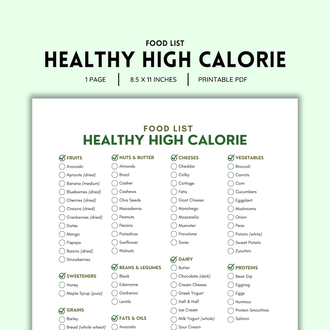 Healthy High Calorie Food List Printable | Color PDF | Easy Weight Gain ...