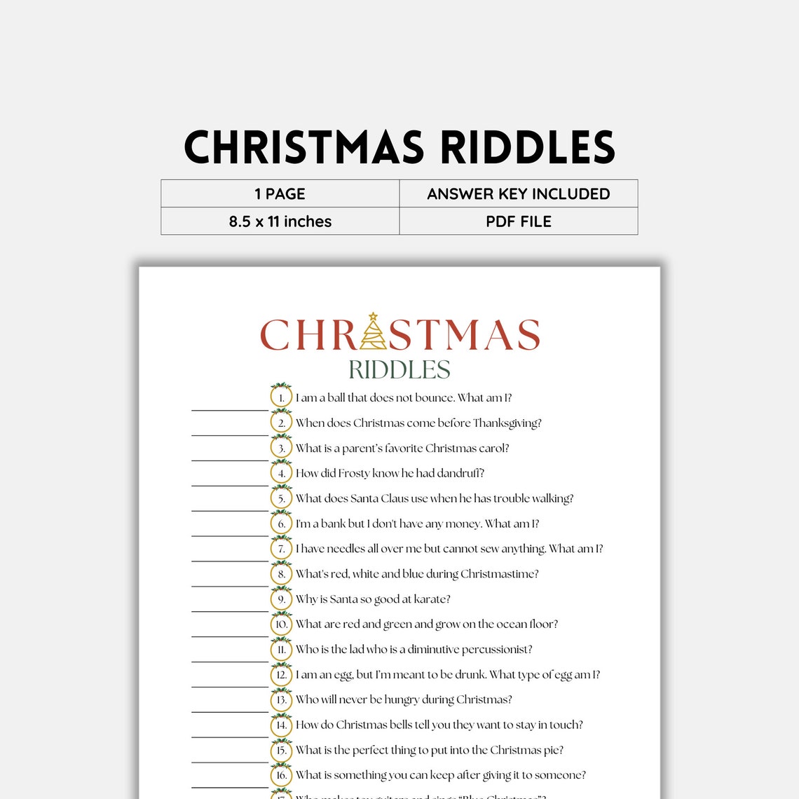 Christmas Riddles, Christmas Game, Christmas Party Game, Christmas ...