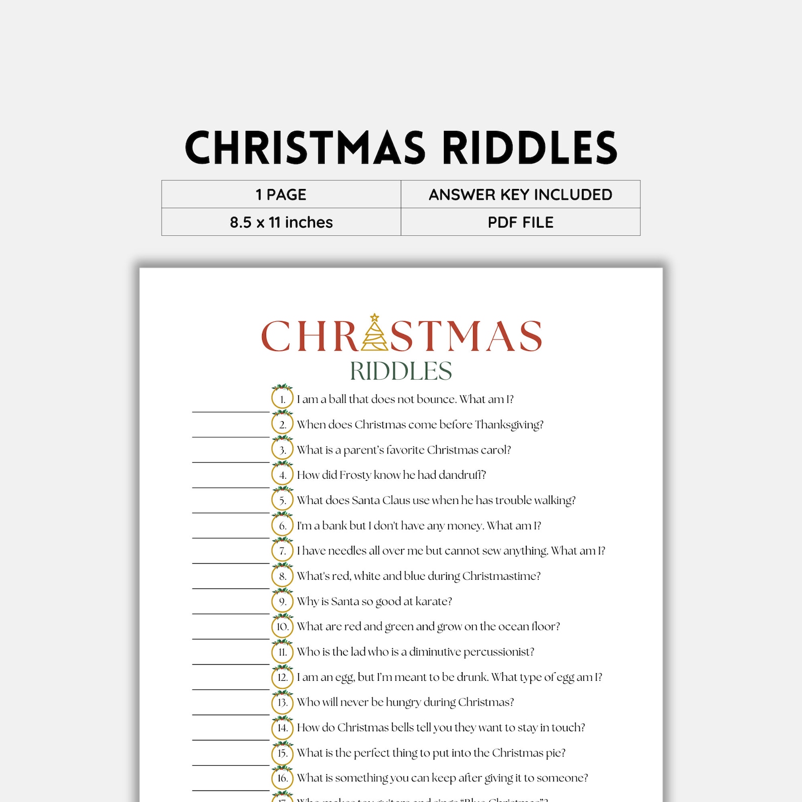 Christmas Riddles, Christmas Game, Christmas Party Game, Christmas ...