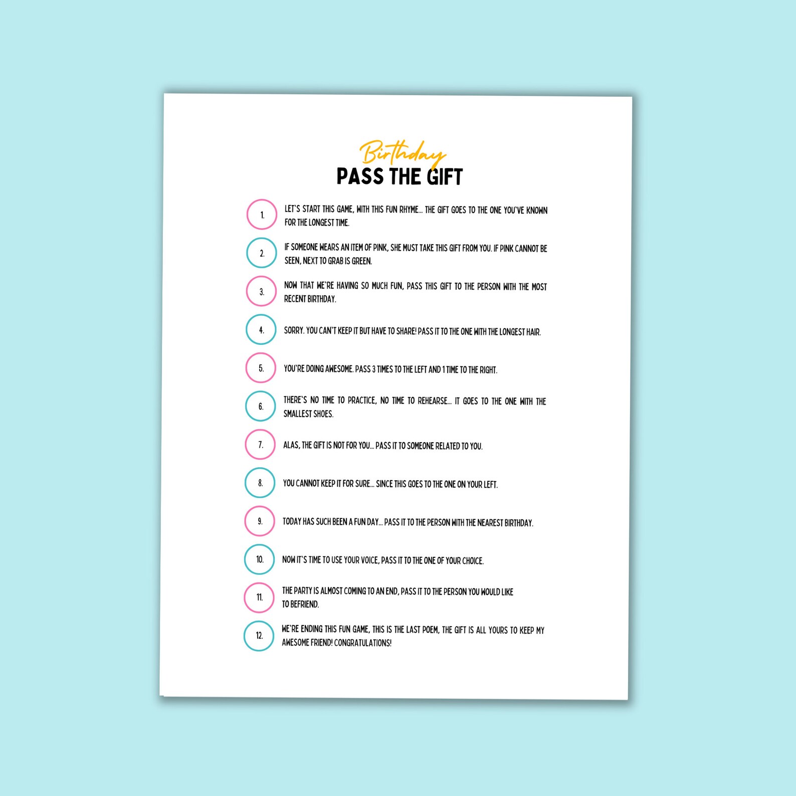 PRINTABLE Birthday Pass the Gift Game, Pass the Prize Game, Gift ...