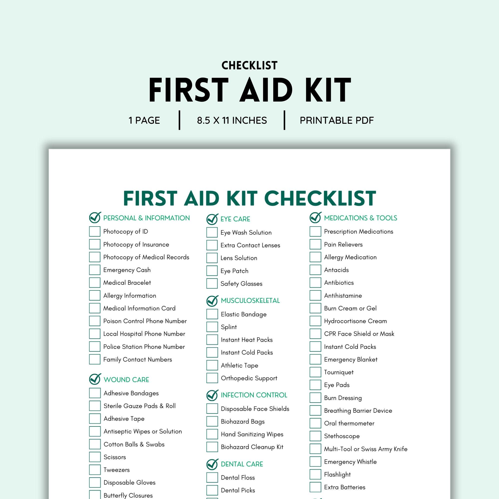 First Aid Kit, First Aid Checklist, Checklist Printable, Survival Kit ...