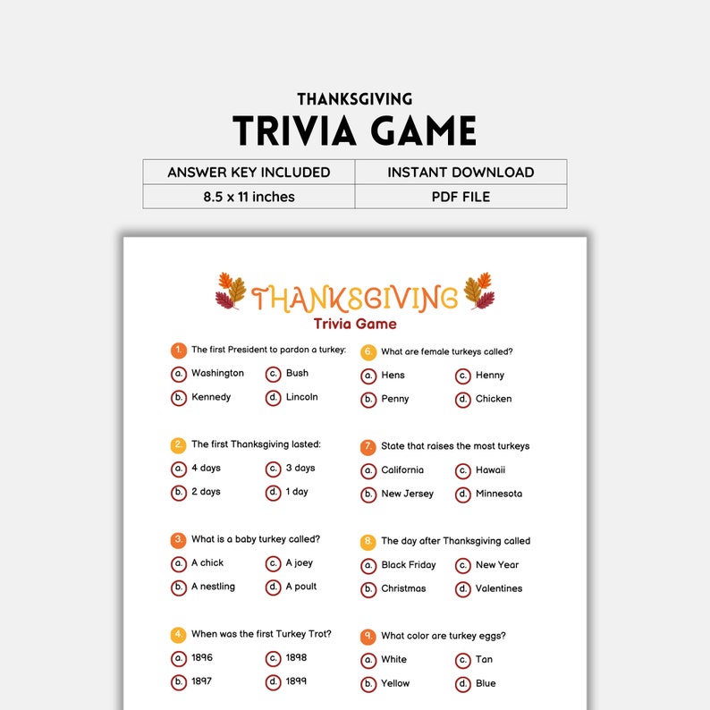 Thanksgiving Trivia, Thanksgiving Game, Thanksgiving Trivia Game ...