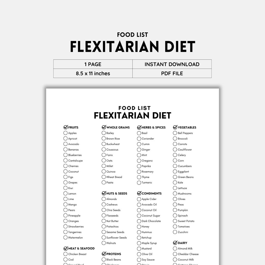 Flexitarian Diet Food List Printable | B&W PDF | Plant-forward and ...