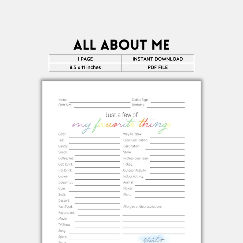 All About Me, All About Me Poster Favorite List, Get to Know You ...