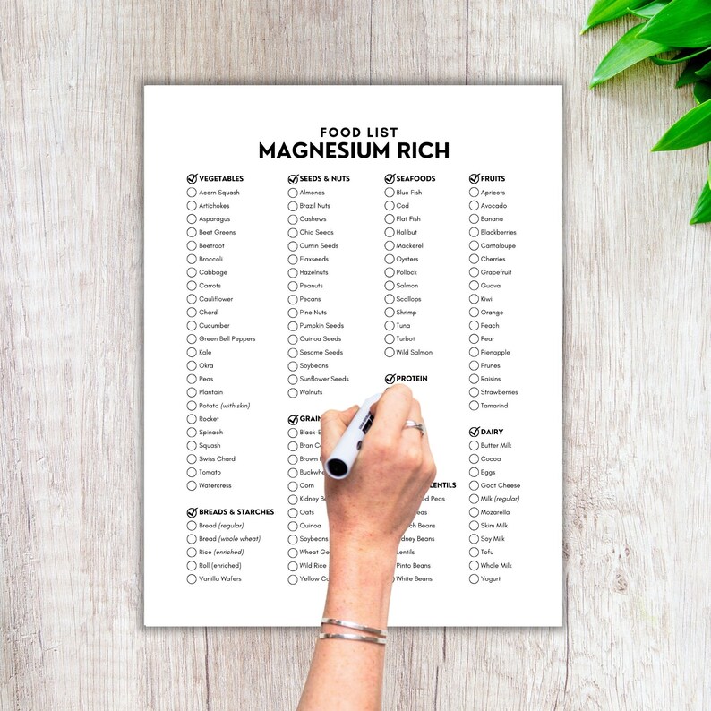 Magnesium Rich Food List Printable | B&W PDF | High Magnesium Foods and ...