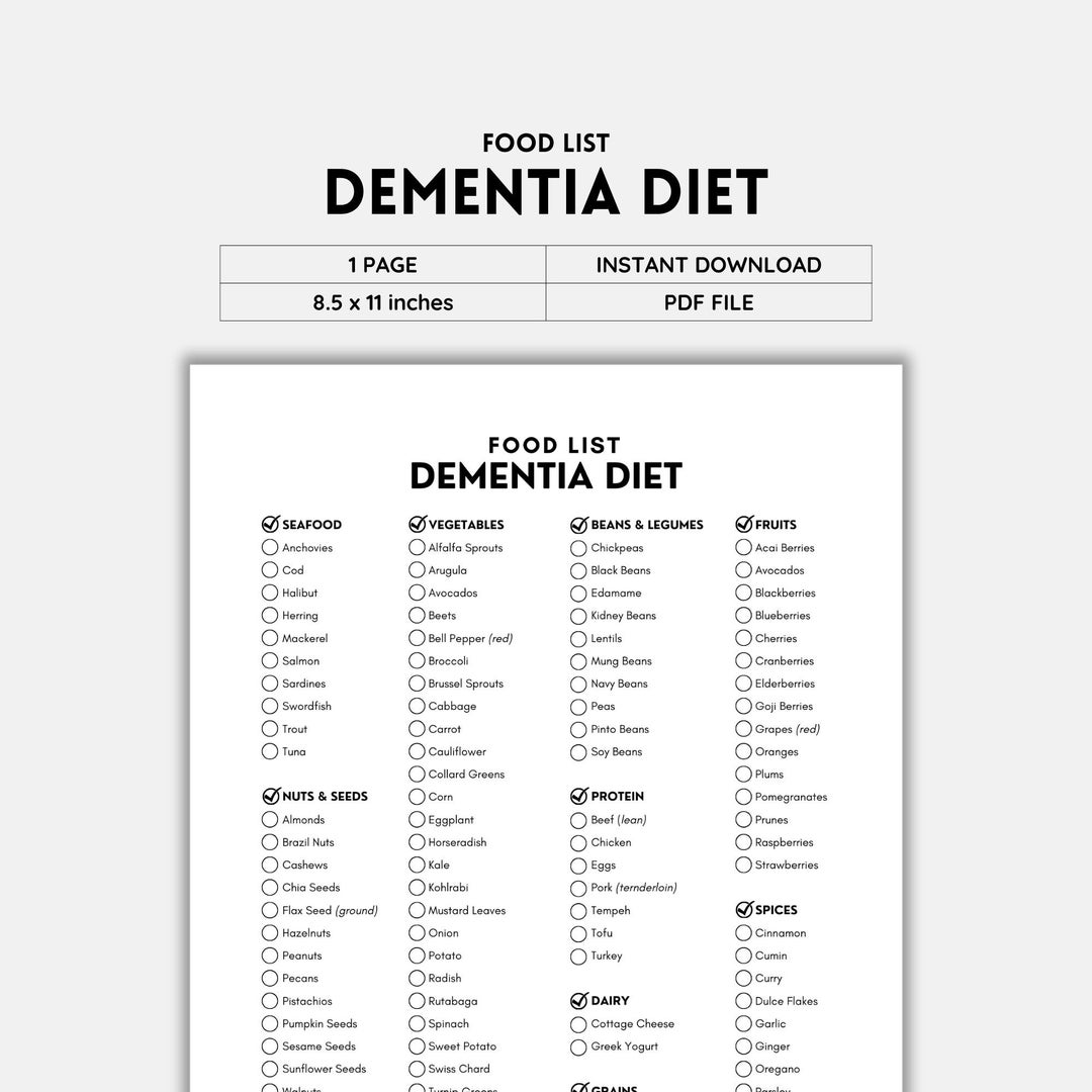 Dementia Diet Food List Printable | B&W PDF | Easy Brain-healthy Foods ...