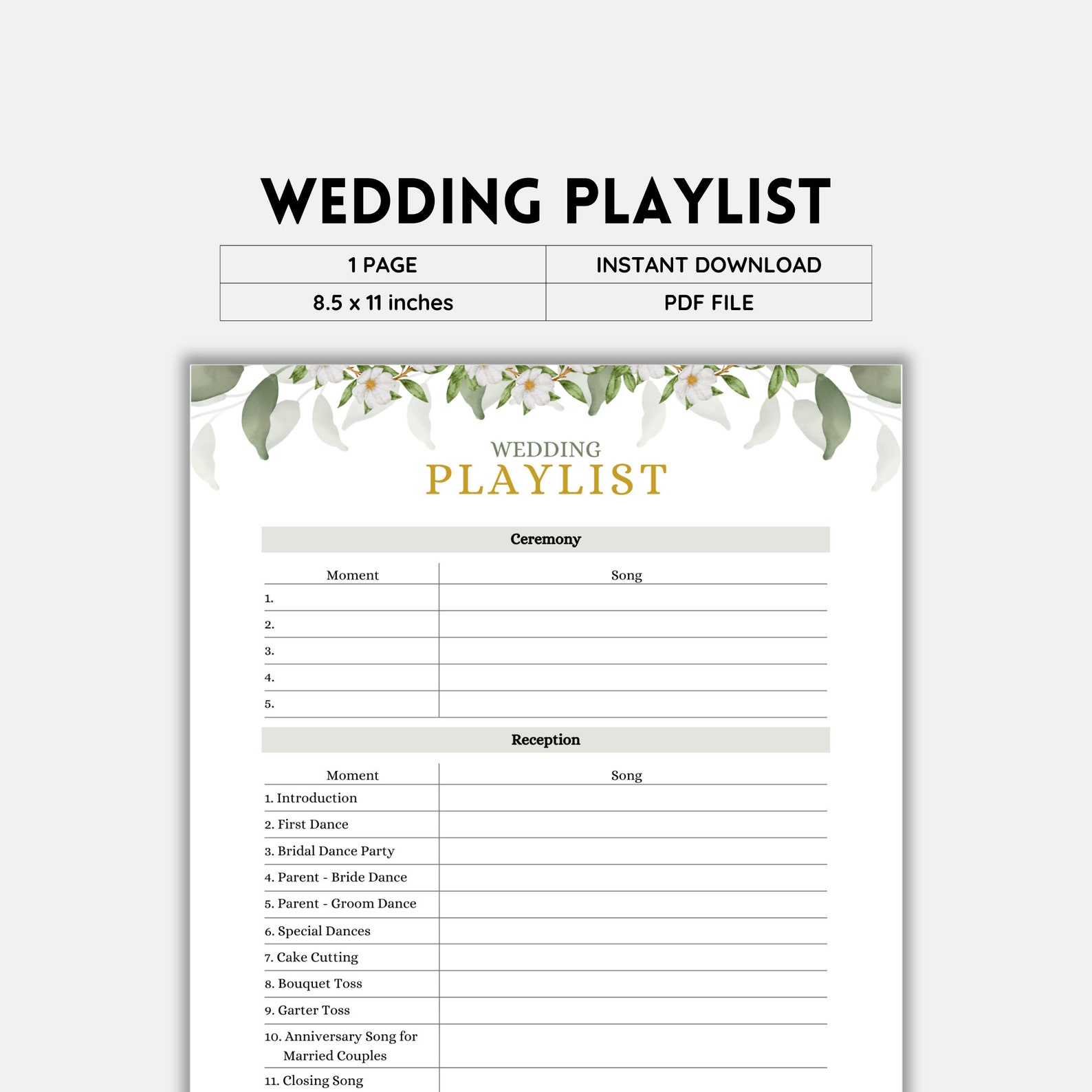 Wedding Playlist Printable | Color PDF | Easy Curated Music List for ...