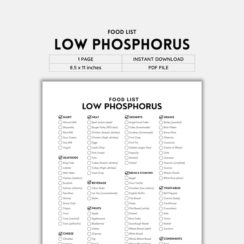 Low Phosphorus Food List Printable | B&W PDF | Easy Kidney-friendly and ...