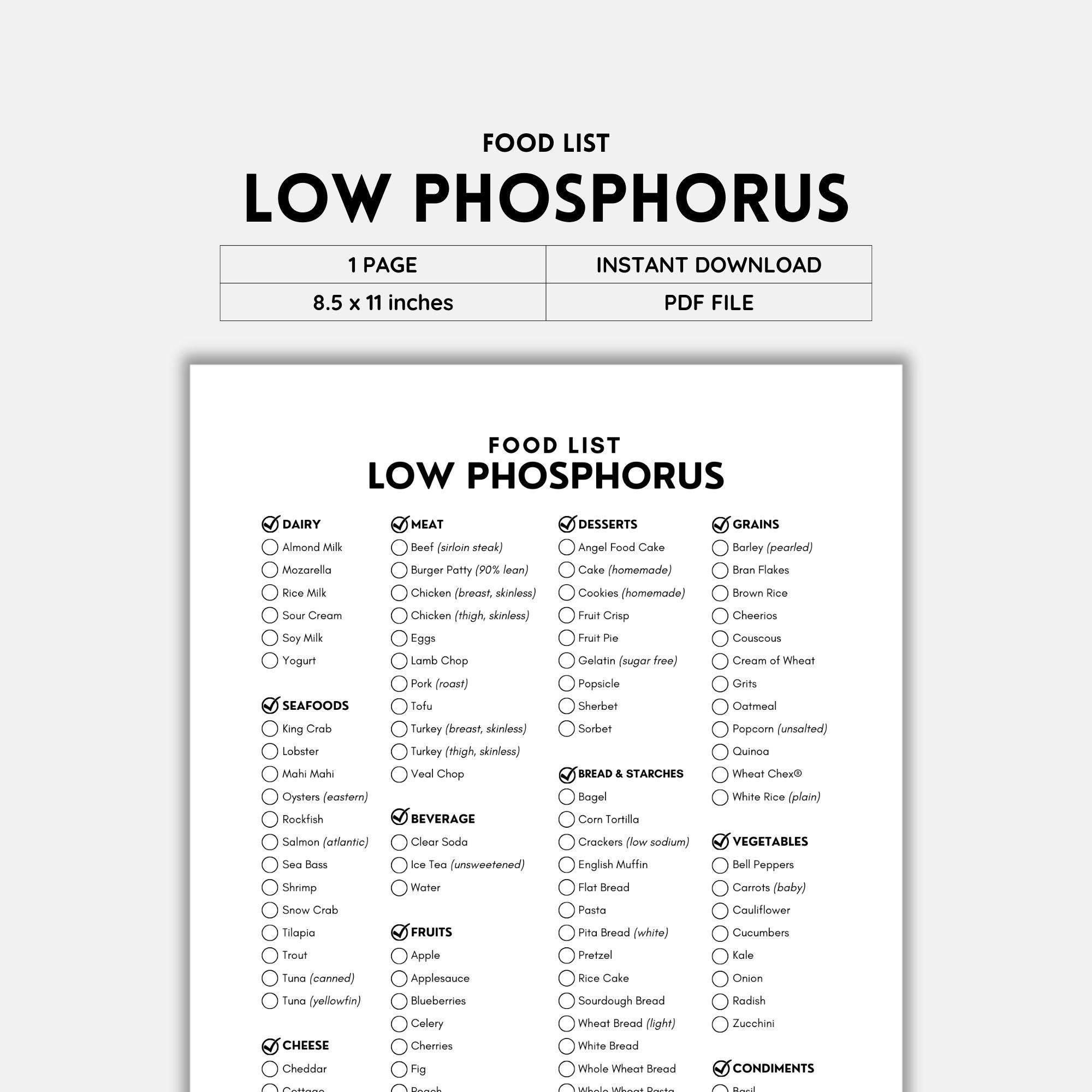 Low Phosphorus, Food List, Grocery List, Shopping List, Low Phosphorus ...