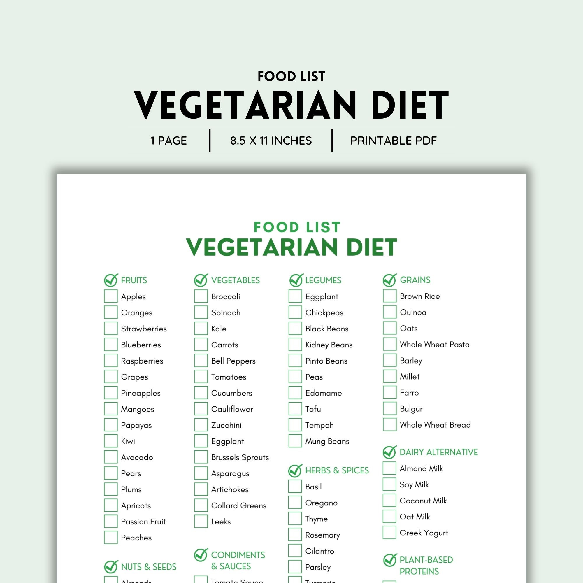 Vegetarian Food List Printable