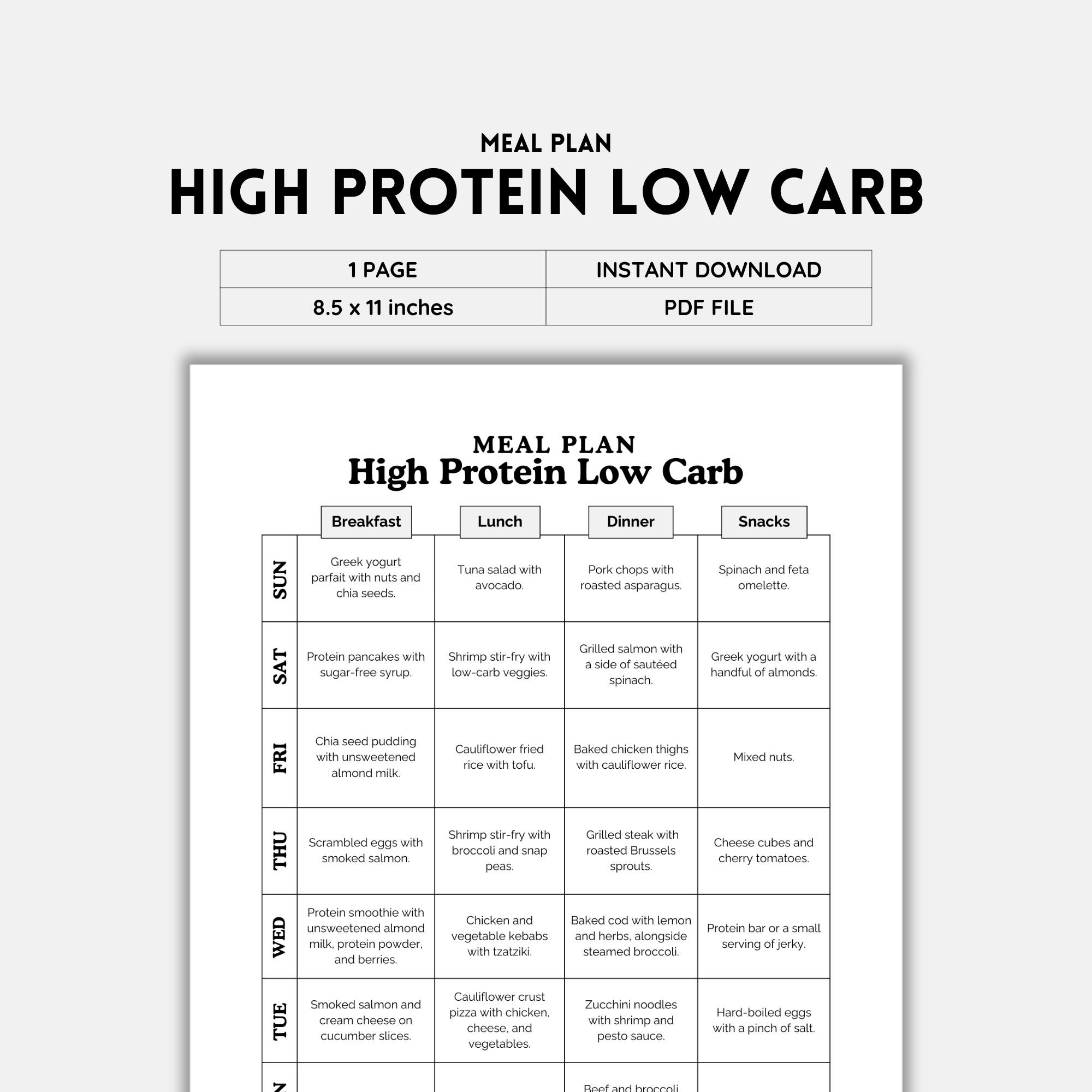 High Protein Low Carb Meal Plan Printable | B&W PDF | Easy Muscle ...