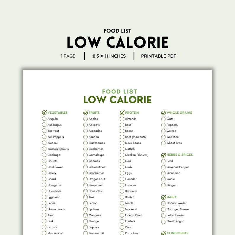 Low Calorie Food List Printable | Color PDF | Easy Weight Loss ...