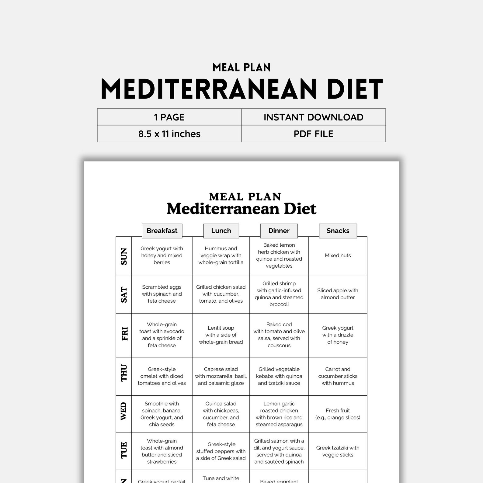 Mediterranean Diet Meal Plan Diet Plan Weekly Meal Plan Meal Prep Planner Low Carb Meal