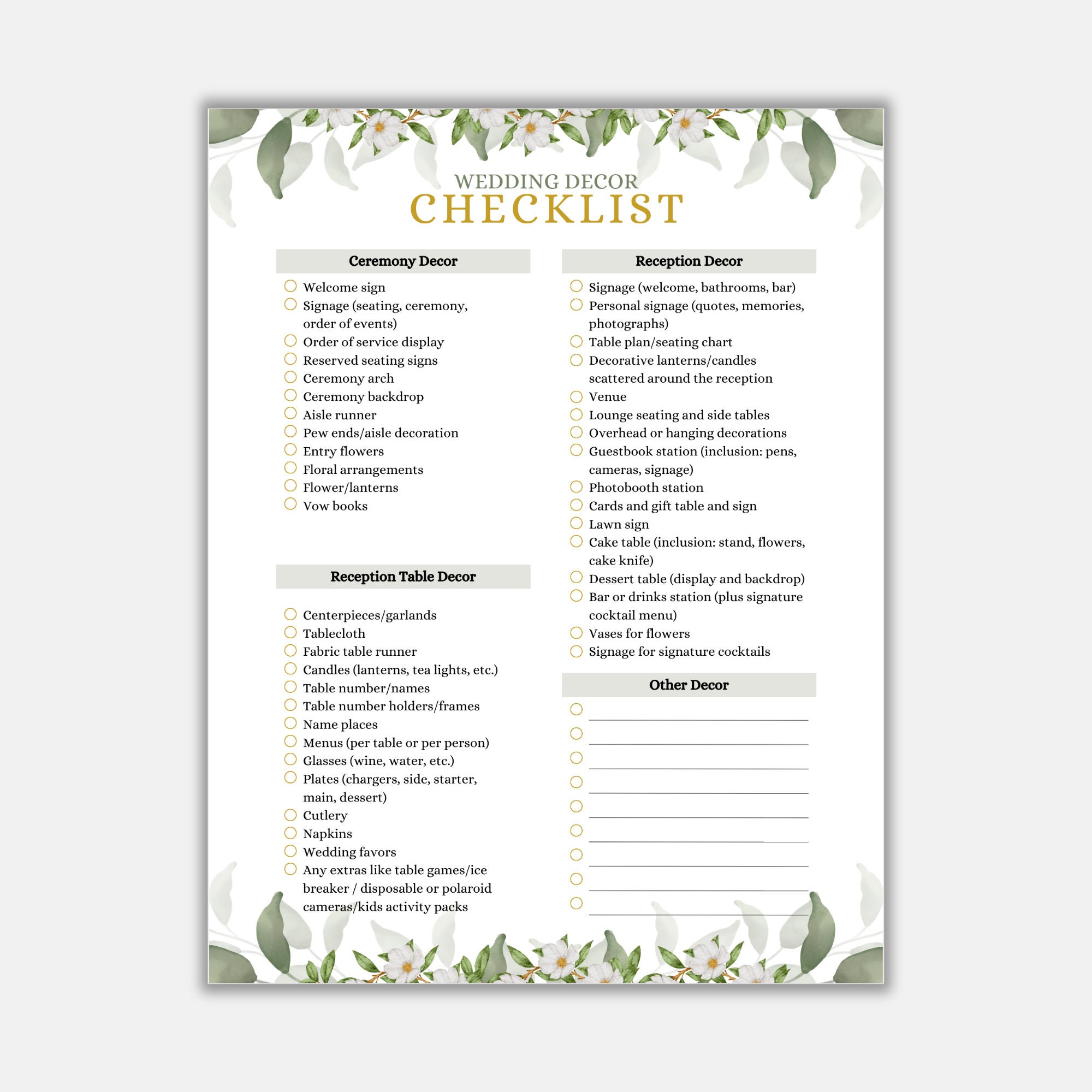 Wedding Decor Checklist, Wedding Planner, Wedding Decorations ...