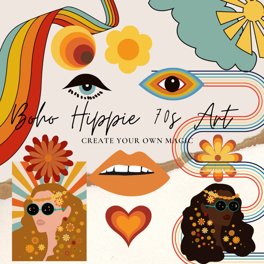 Digital Clipart,boho 70s Art Bundle Clipart,70s Elements,clipart for ...