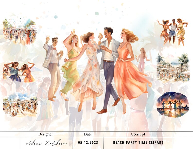 24 Watercolor Beach Party Time Clipart Bundle, Png, Party, Romantic and ...