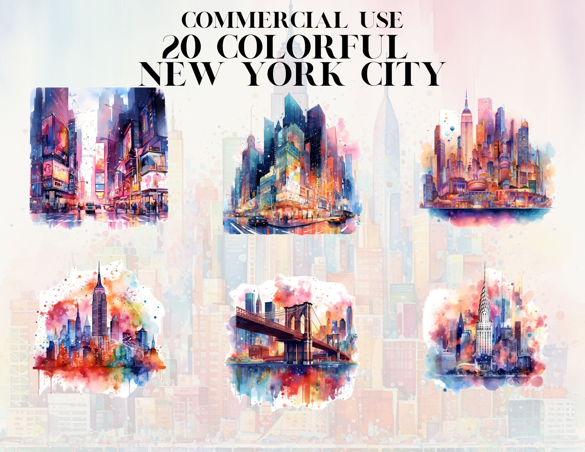 20 1 Watercolor Colorful New York City Set Clipart Bundle, Png, Clipart ...