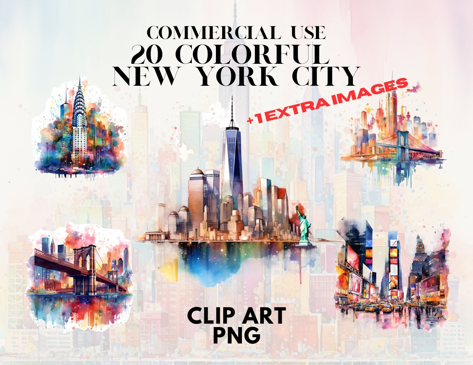 20 1 Watercolor Colorful New York City Set Clipart Bundle, Png, Clipart ...