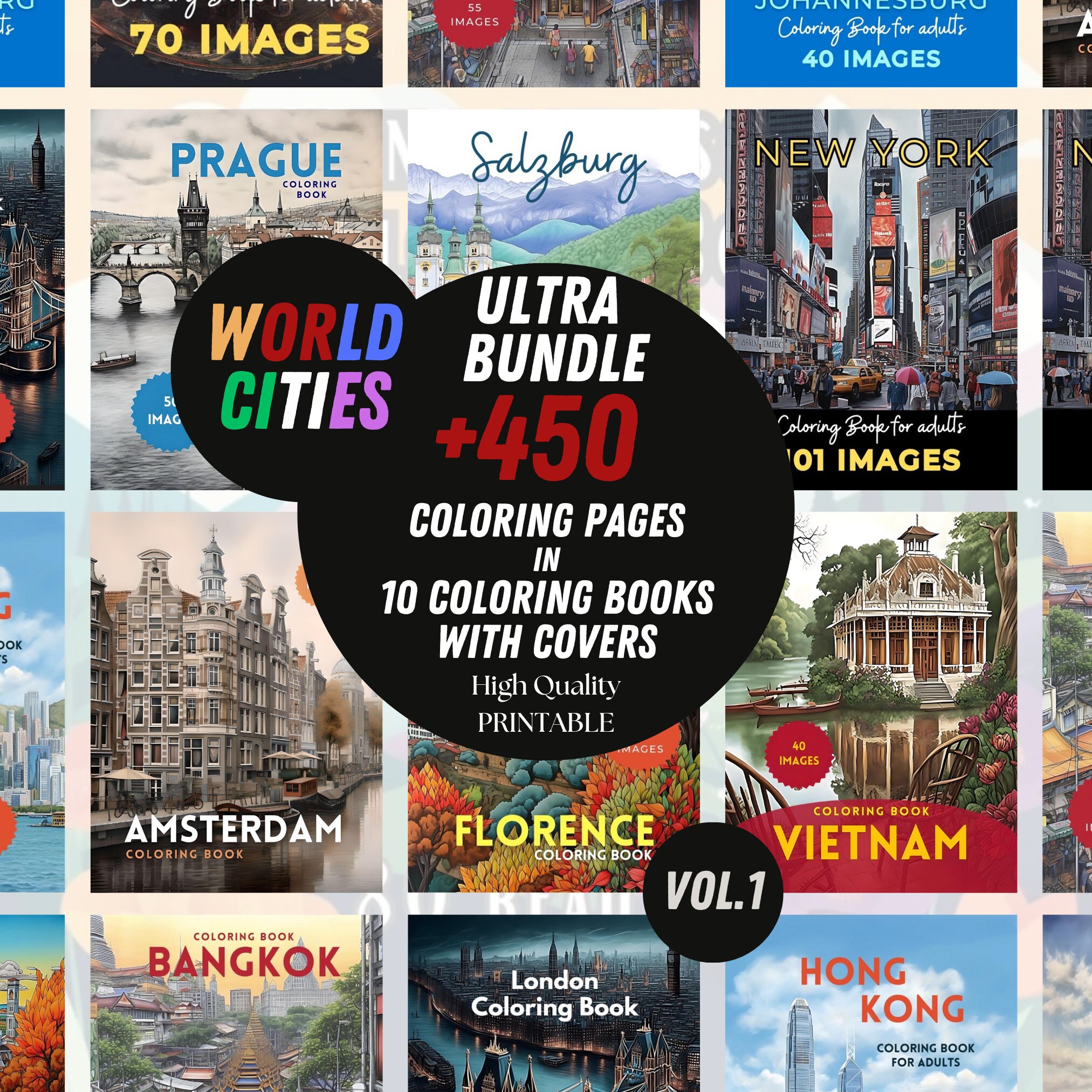 450 Coloring Pages in 10 Coloring Books World Cities Bundle Vol.1 ...