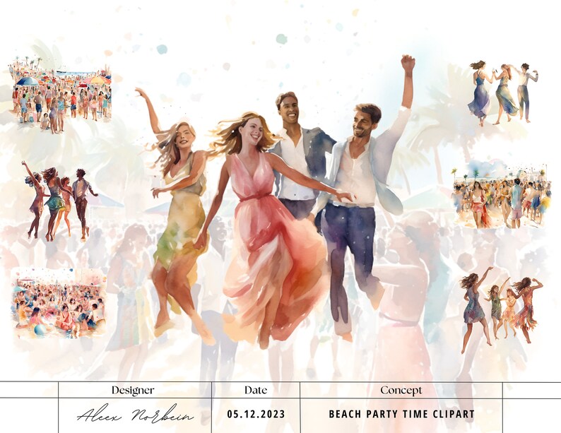 24 Watercolor Beach Party Time Clipart Bundle, Png, Party, Romantic and ...