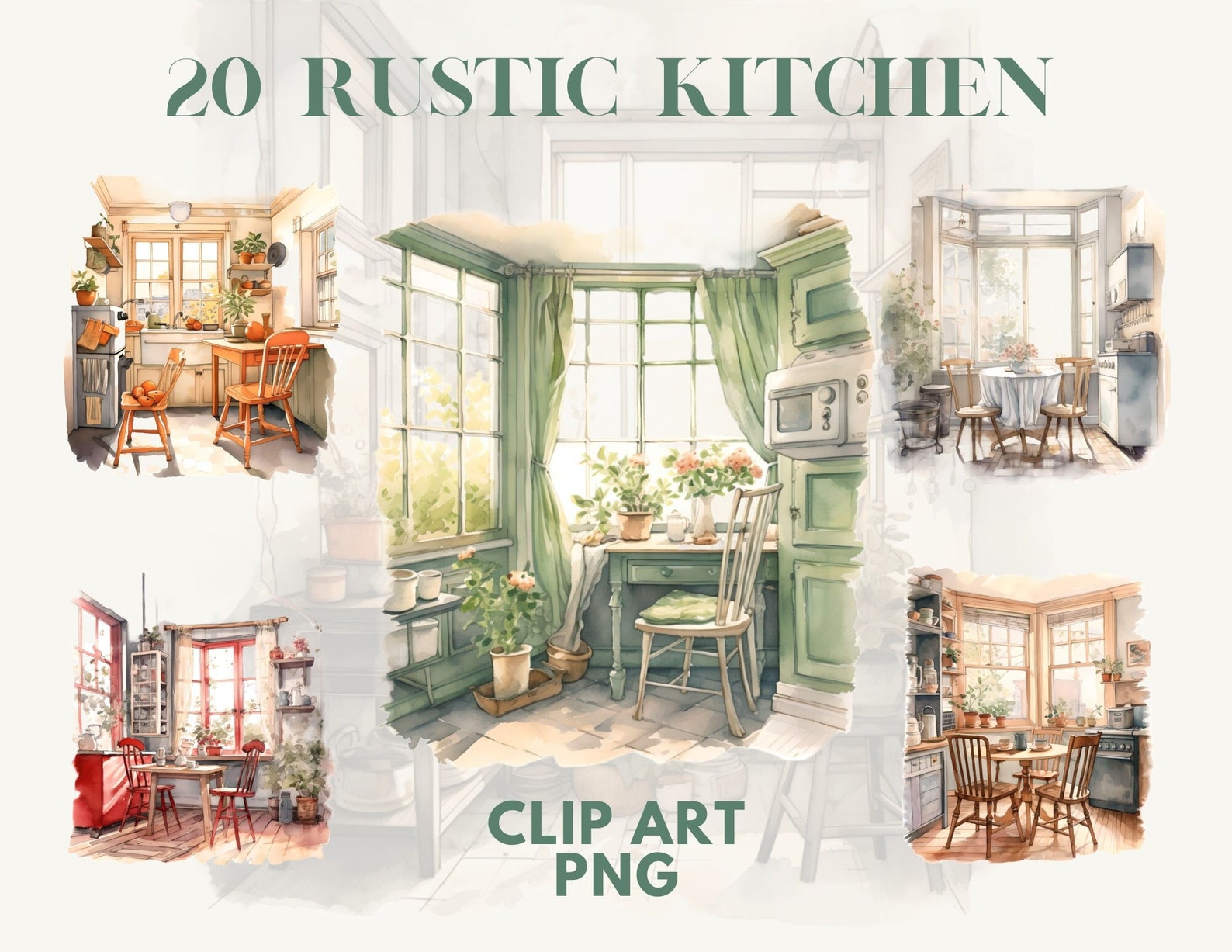 Watercolor Rustic Kitchens Set Clipart Bundle, Windows, Chairs, Tables ...