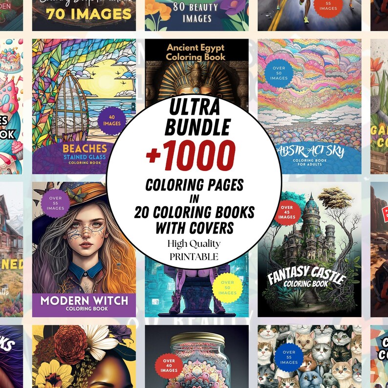 1000 Coloring Pages in 20 Coloring Books Bundle, Instant Download, Gift ...