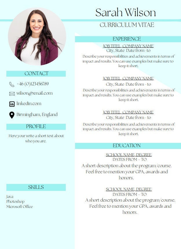 Resume Template, Pdf-file, Edit in Canva for Free, With Picture, Nice ...