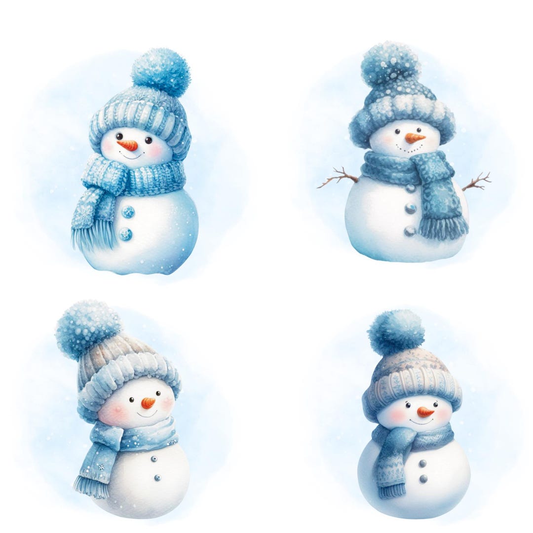 Cute Christmas Snowman X 4 in Blue Winter Hat and Scarf, Instant ...