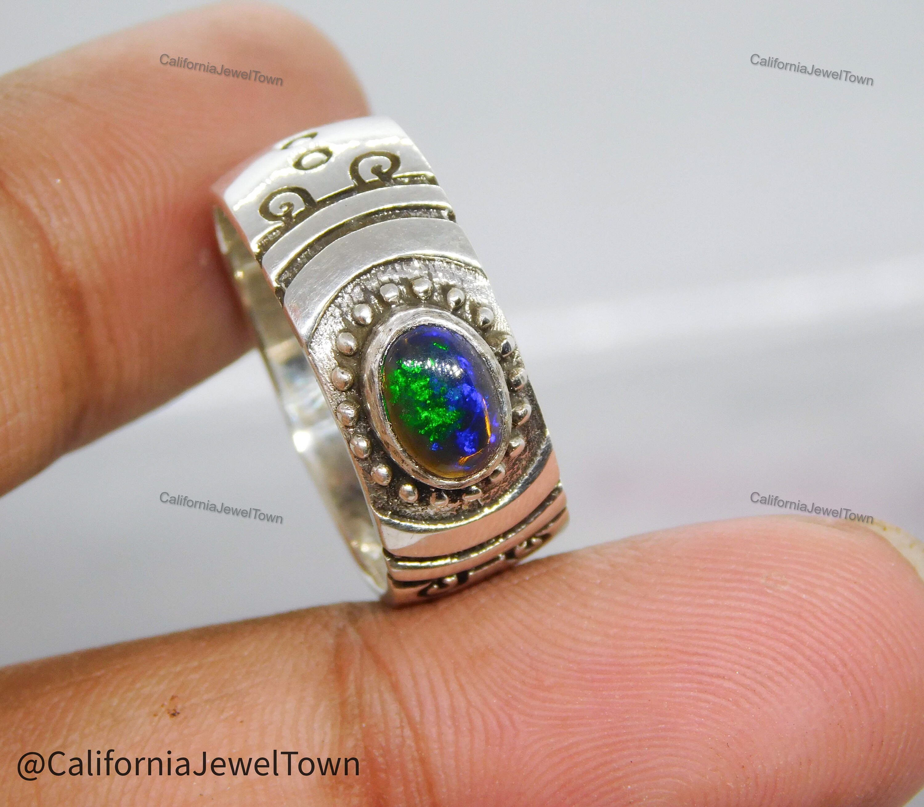 Top Rare Blue Fire Green Opal Gemstone Ring, 925 Sterling Silver Green Fire Opal Ring, Unique ...