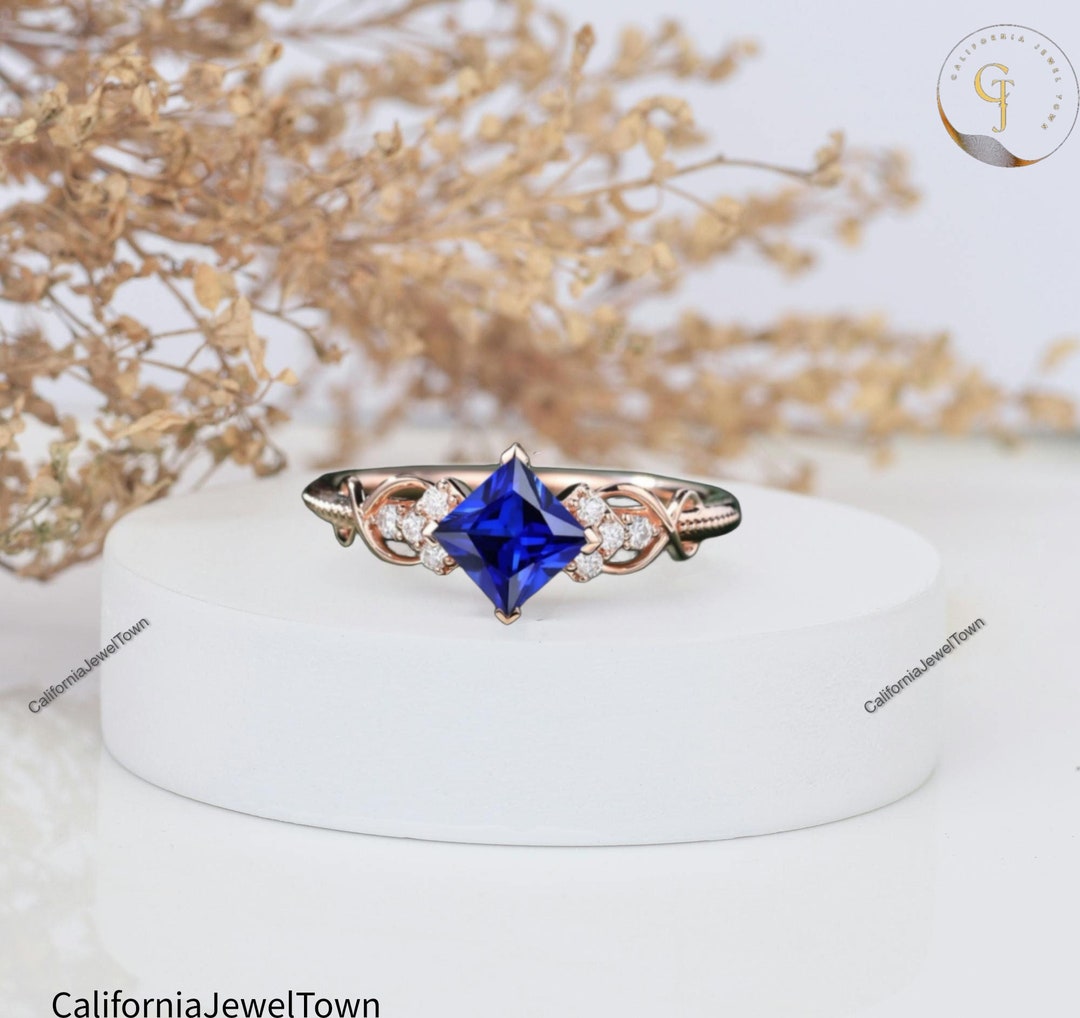 Vintage Princess Cut Blue Sapphire Engagement Ring, Art Deco Unique ...
