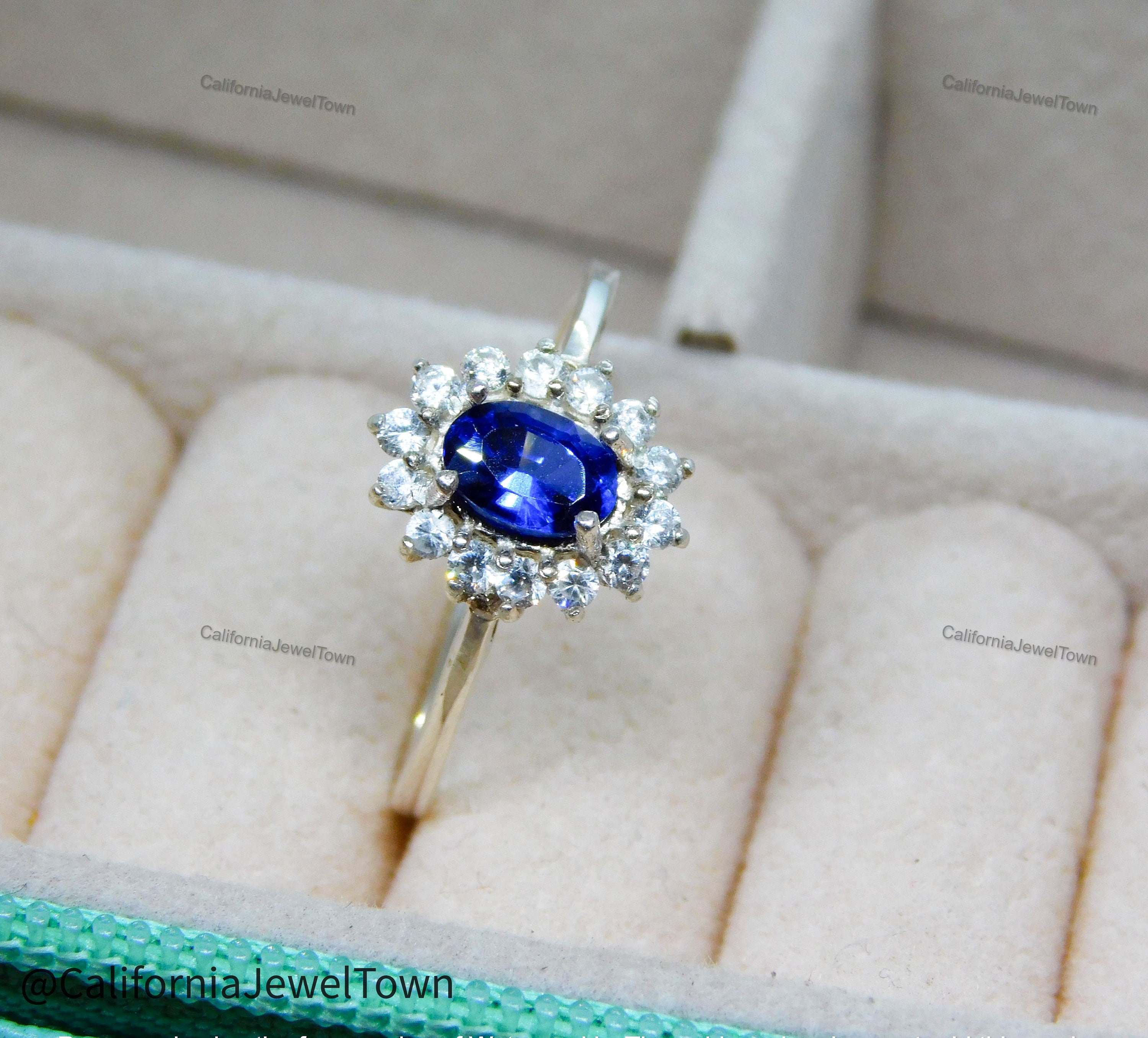 Princess Diana Blue Sapphire Ring, Blue Oval Cut Halo Engagement Ring ...
