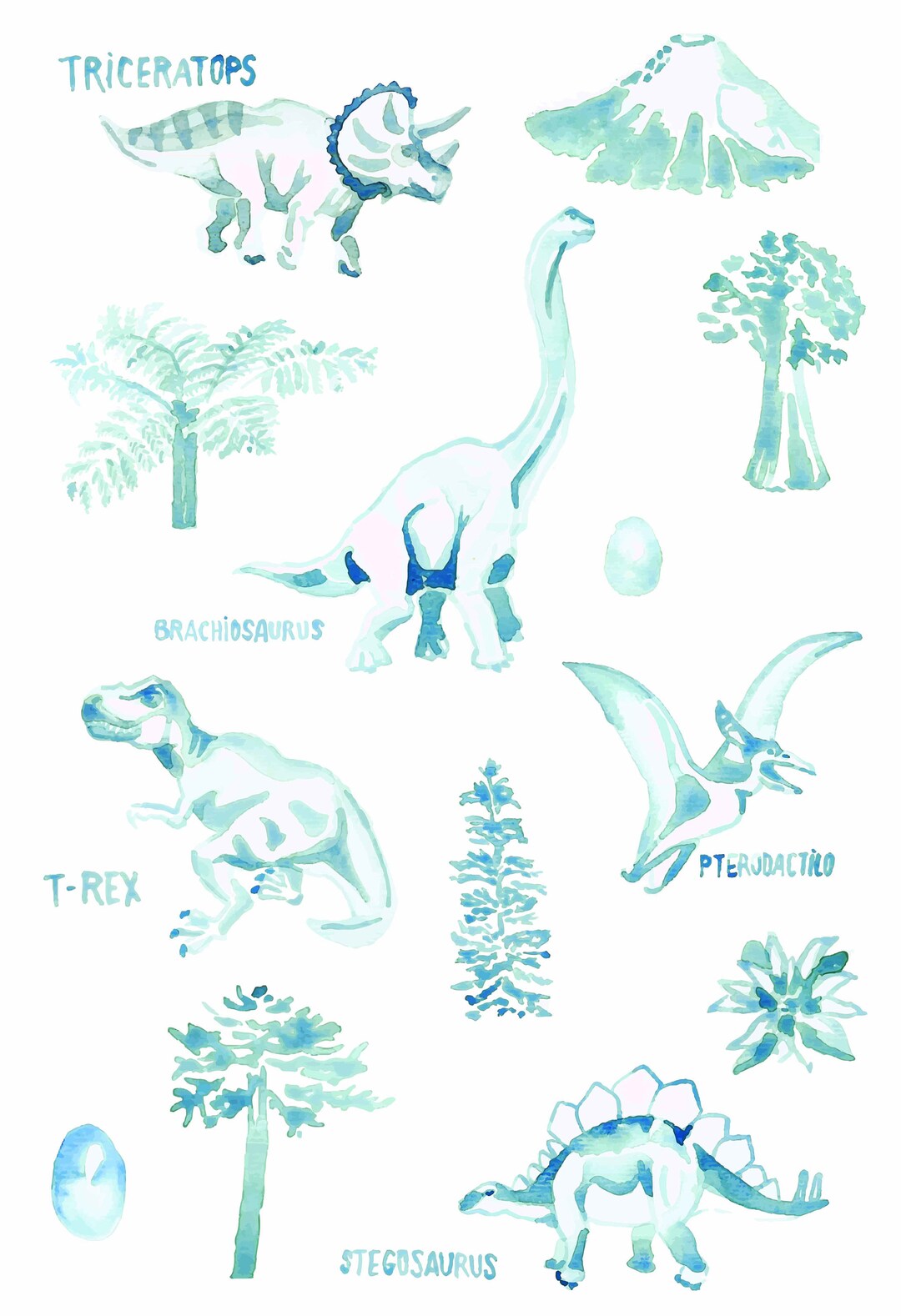 Dinosaurs in Blue. Digital Printable Watercolor - Etsy
