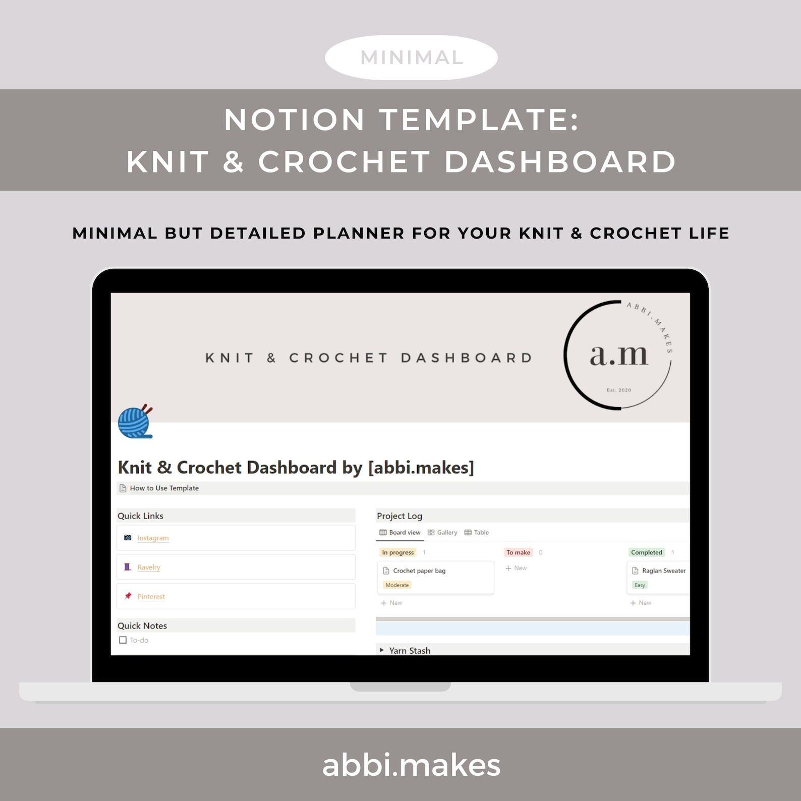 Notion Template: Knit & Crochet Dashboard, Notion Minimalist Planner - Etsy