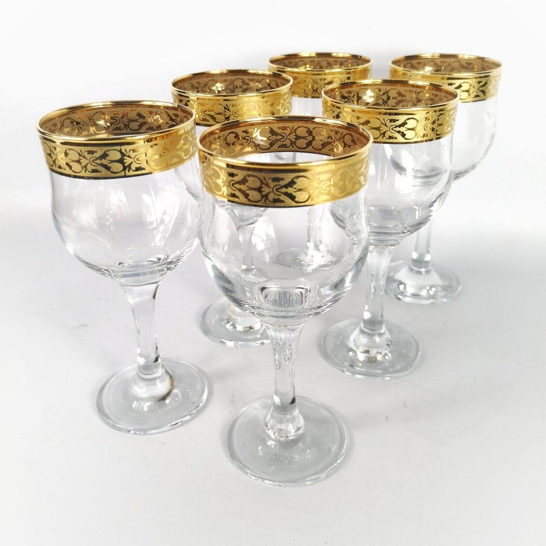 Vintage Italian Gold Rim Etched Hand Blown Crystal Stemmed Wine Glasses ...