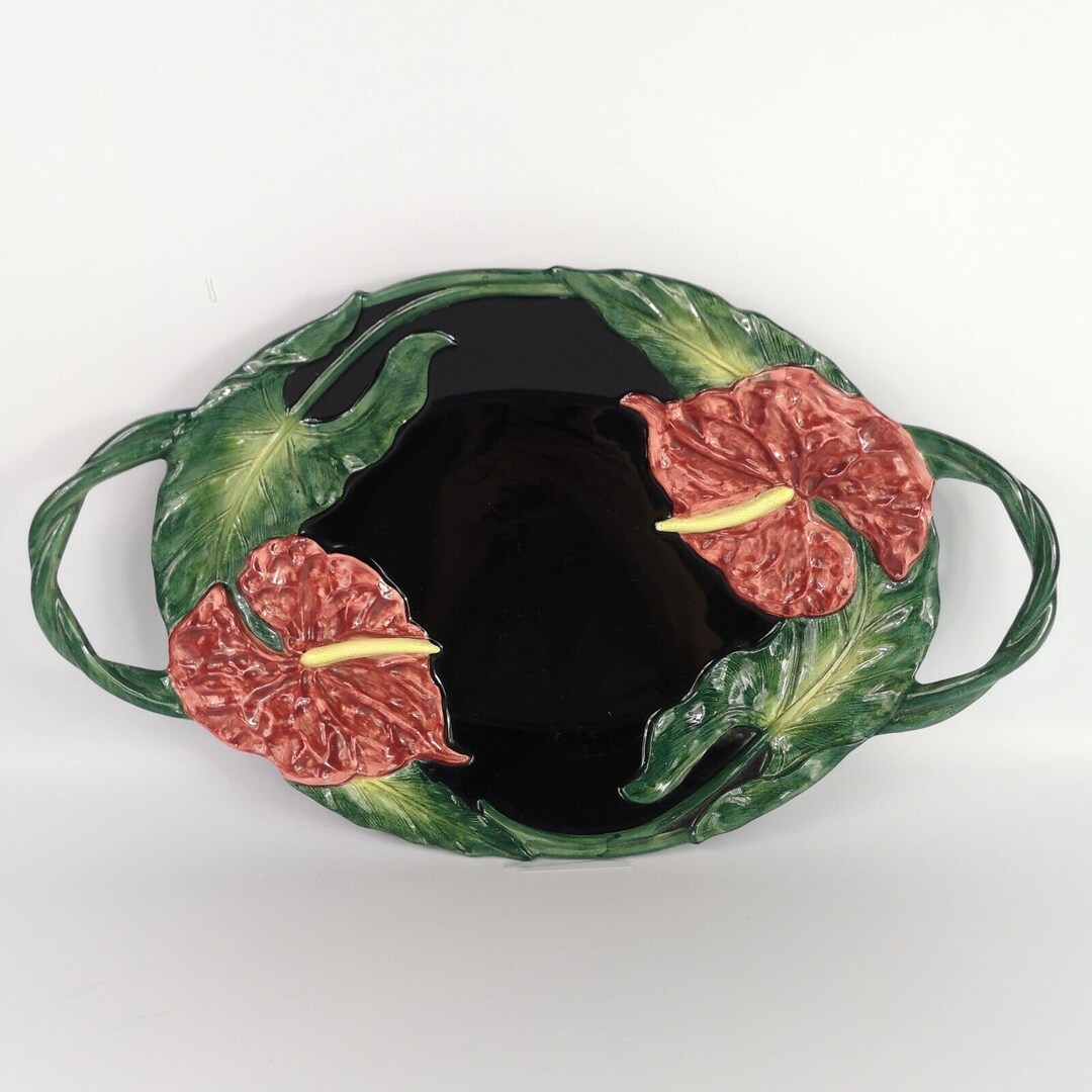 Fitz and Floyd Platter, Black Tray With Anthurium Vine Handles, Red ...