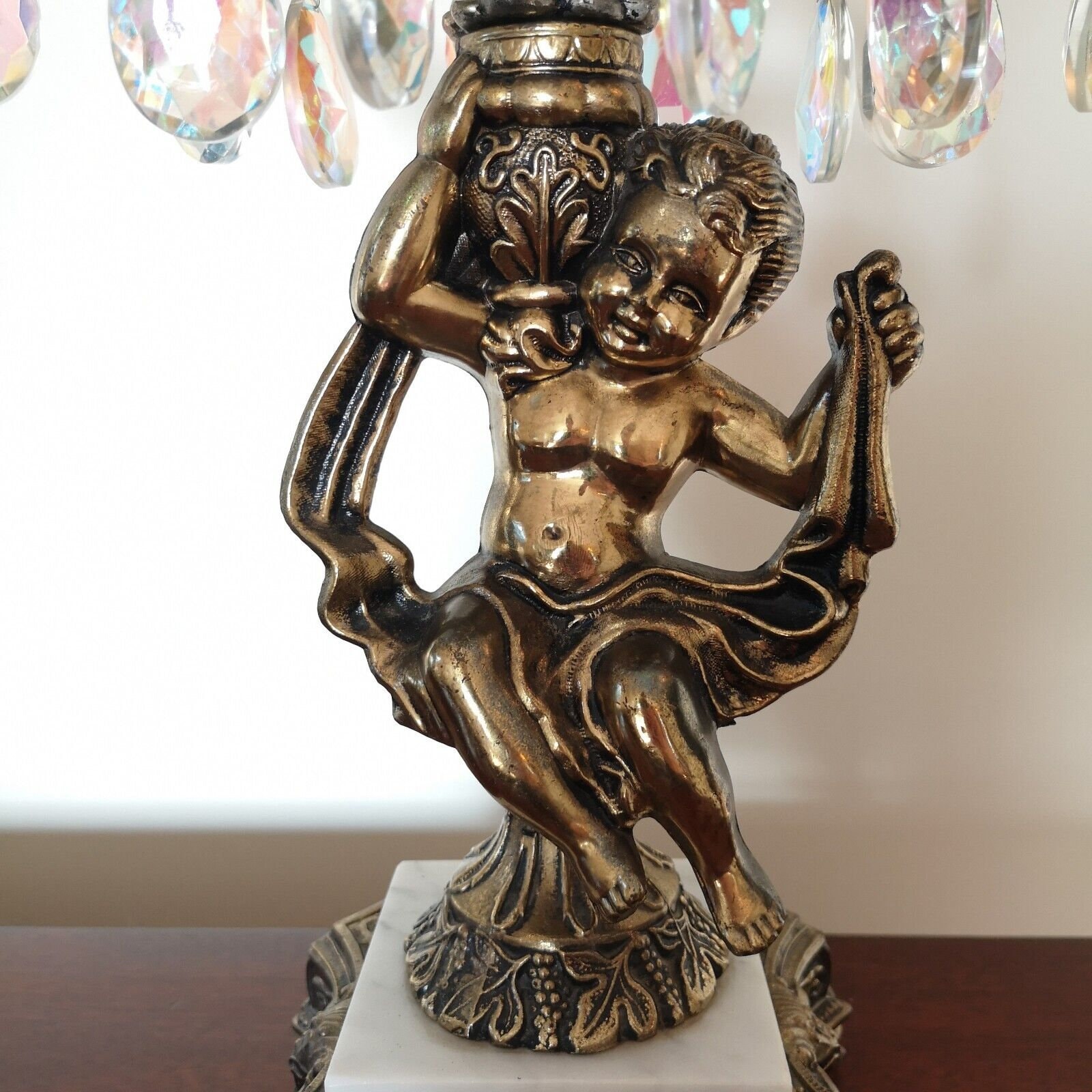 Vintage Nemo Glass Lamp, Czech, 3 Coin Dot Globes, Brass Marble Cherub ...