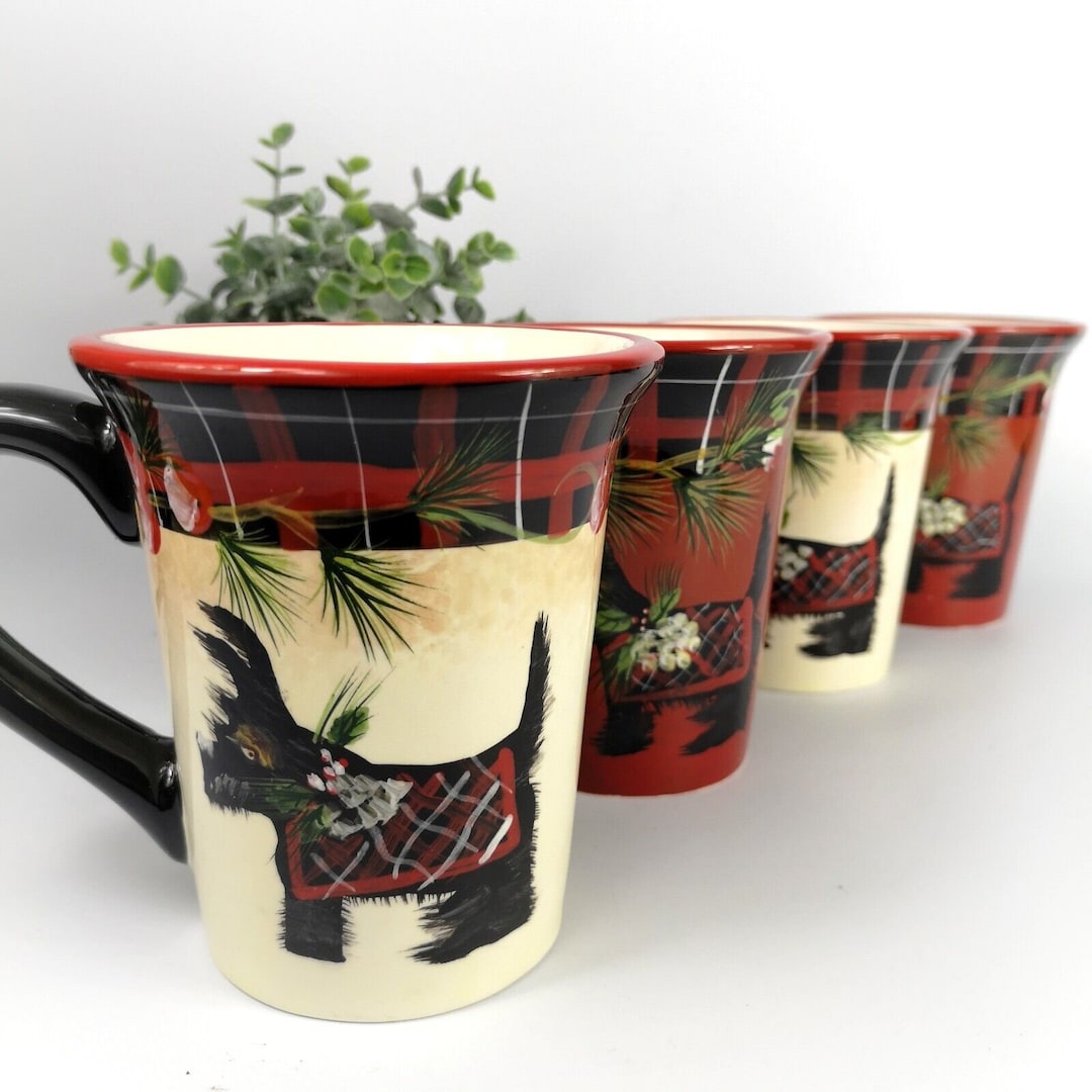 Patricia Brubaker Black & Red Plaid Scottie Dog Coffee Mug Set of 4 ...