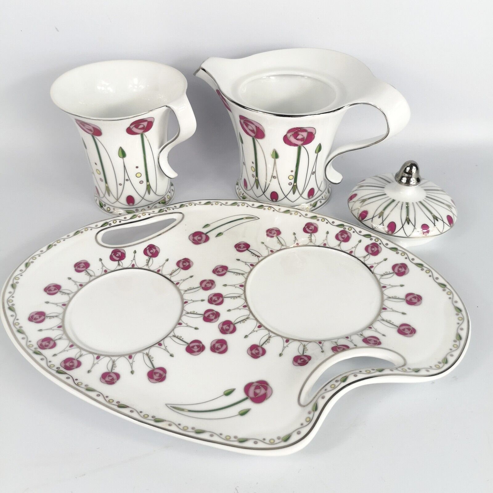 Leonardo Collection Teacup Teapot & Tray Pink Roses Silver Trim Tea for ...