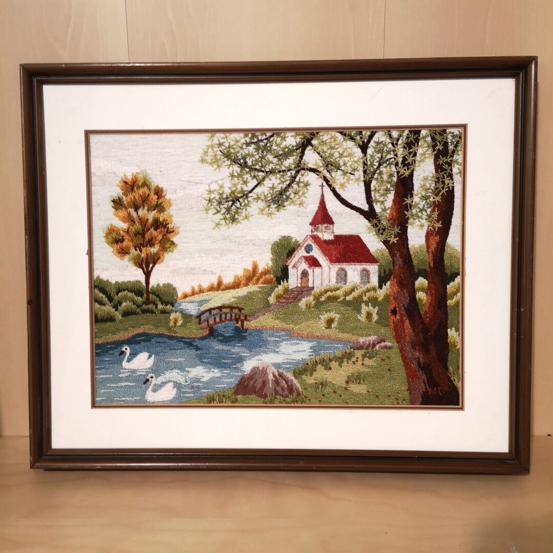 Vintage Framed Japanese Bunka Needle Work Lake Swans Church Scene 21 ...