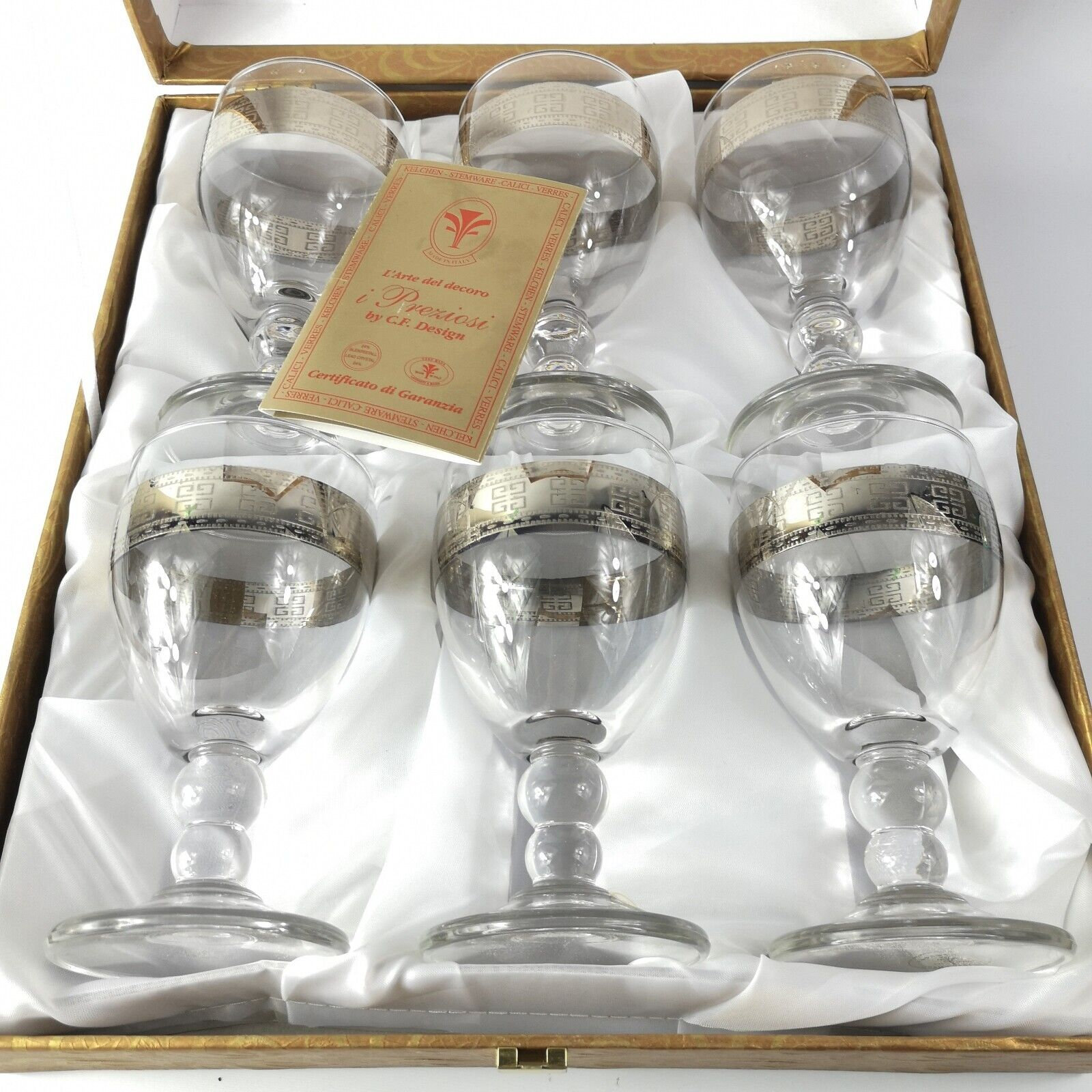 Vintage Set of 6 Cristalleria F.lli Fumo Silver Rim NEW Wine Glasses ...
