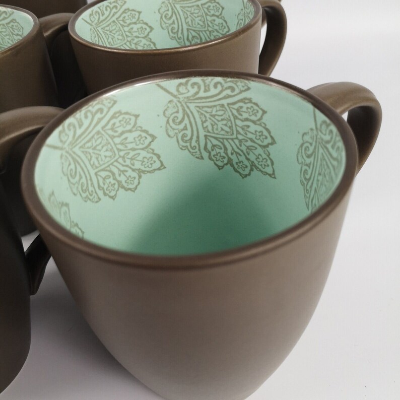 222 Fifth Chandi Blue Stoneware Mugs, Set of 6 Teal and Taupe Brown ...