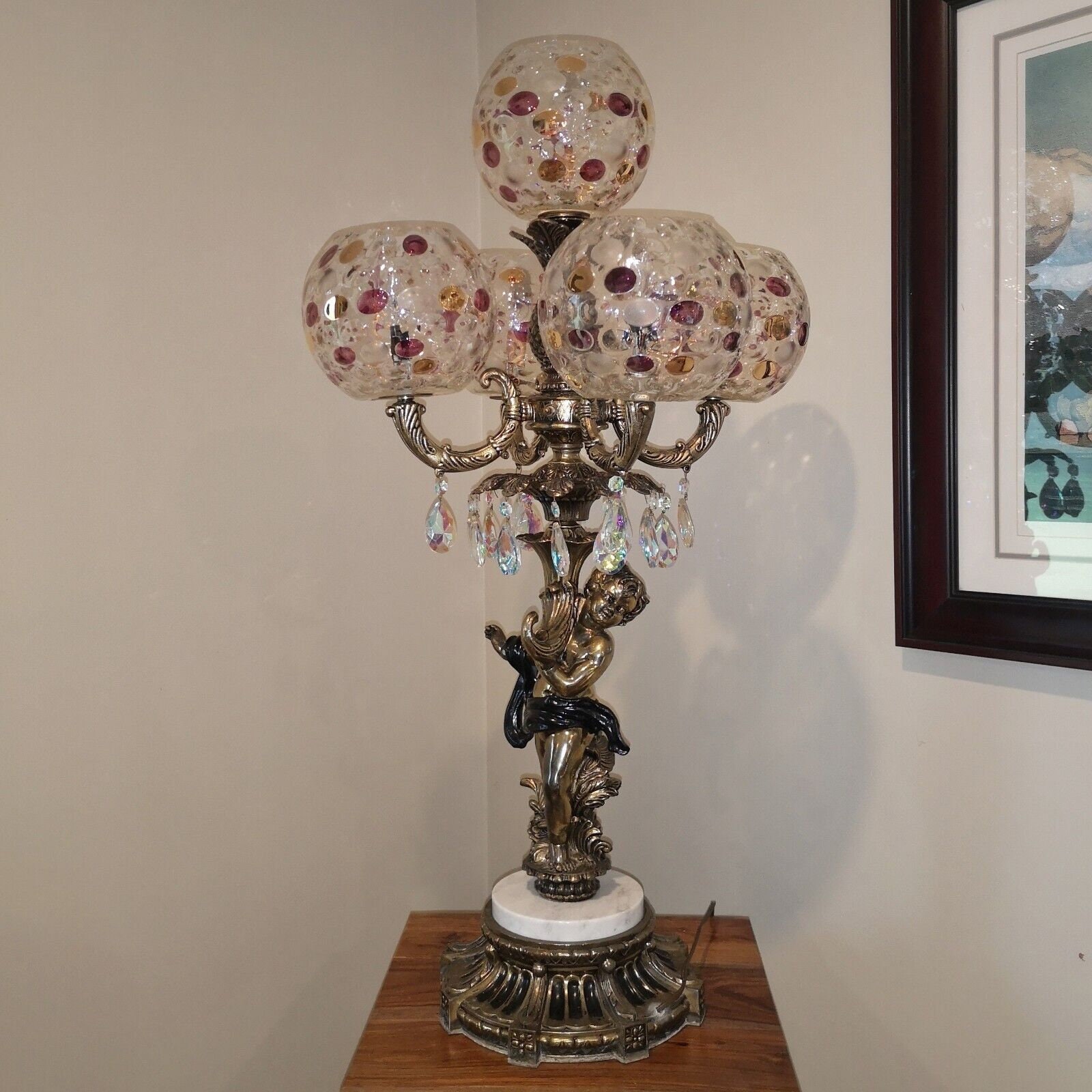 Vtg Nemo Glass Table Lamp, Czech, 5 Coin Dot Globes, Brass and Marble ...