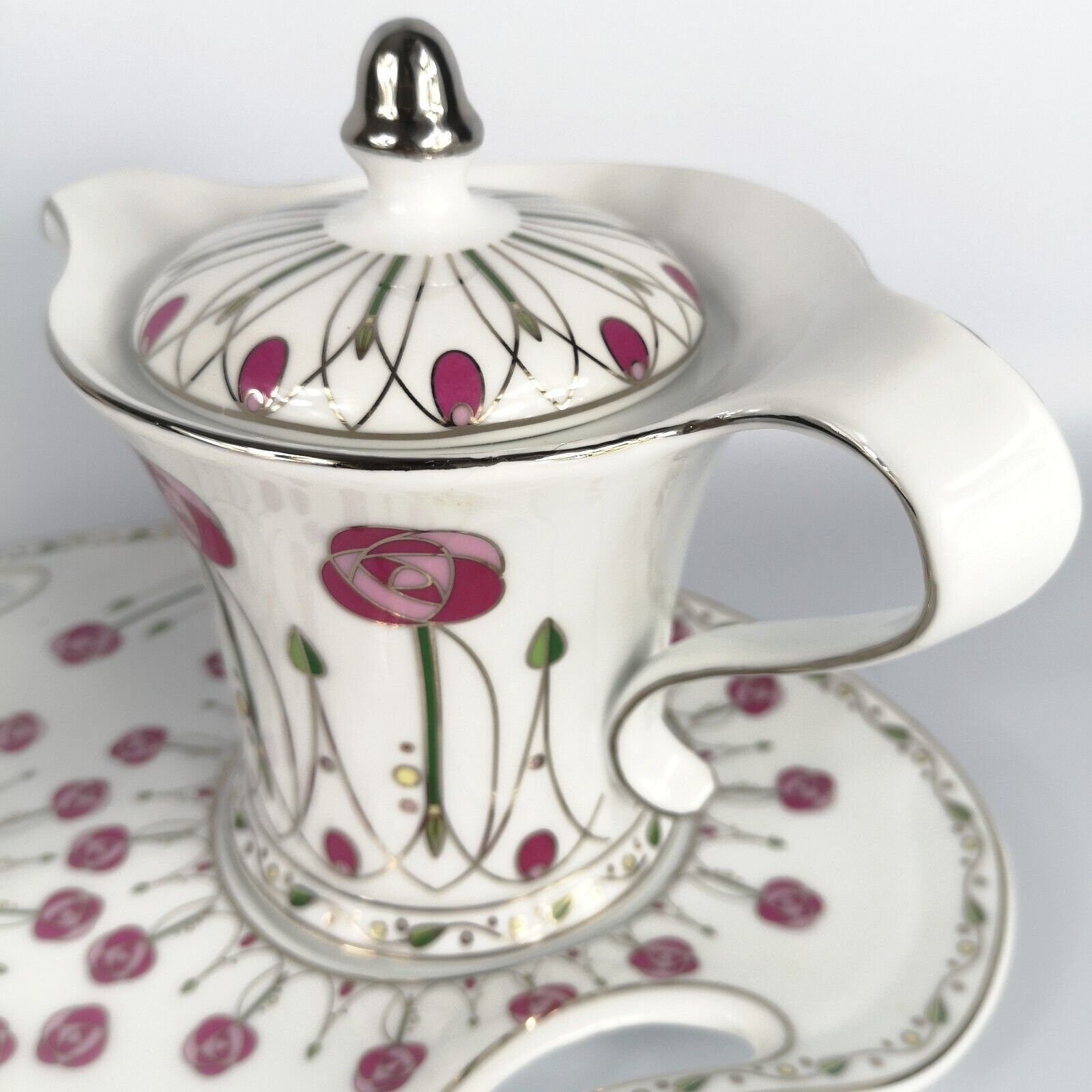 Leonardo Collection Teacup Teapot & Tray Pink Roses Silver Trim Tea for ...