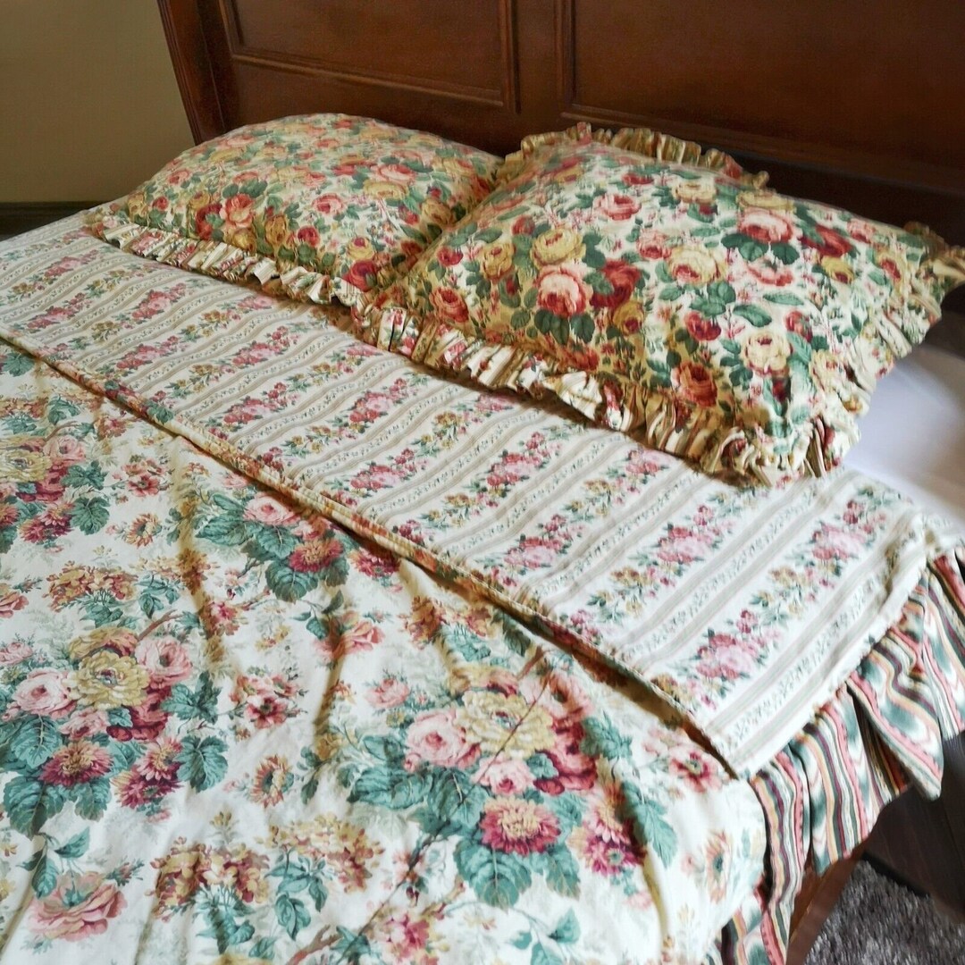 Vintage French Country Quilt Cover W/pillow Shams Pink Roses Handmade ...