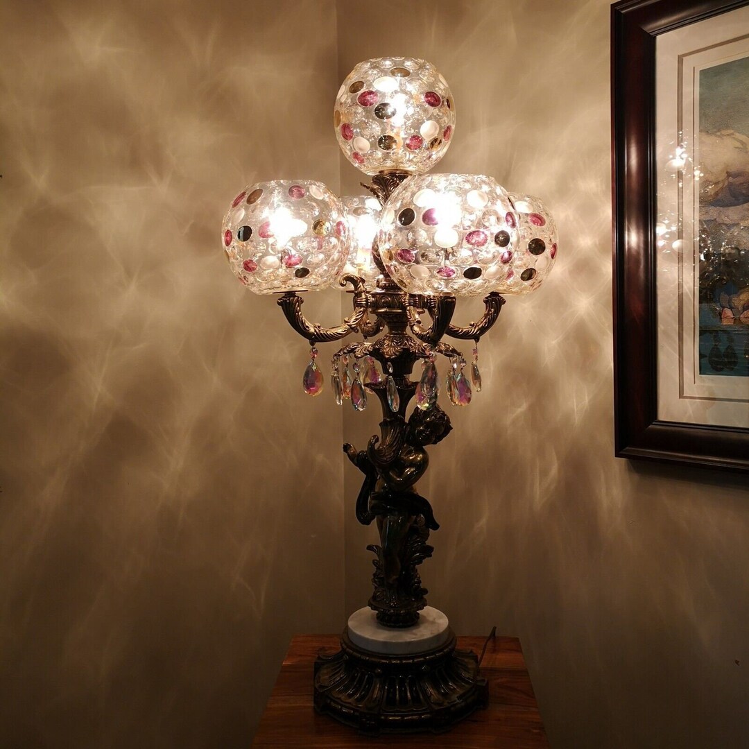 Vtg Nemo Glass Table Lamp, Czech, 5 Coin Dot Globes, Brass and Marble ...