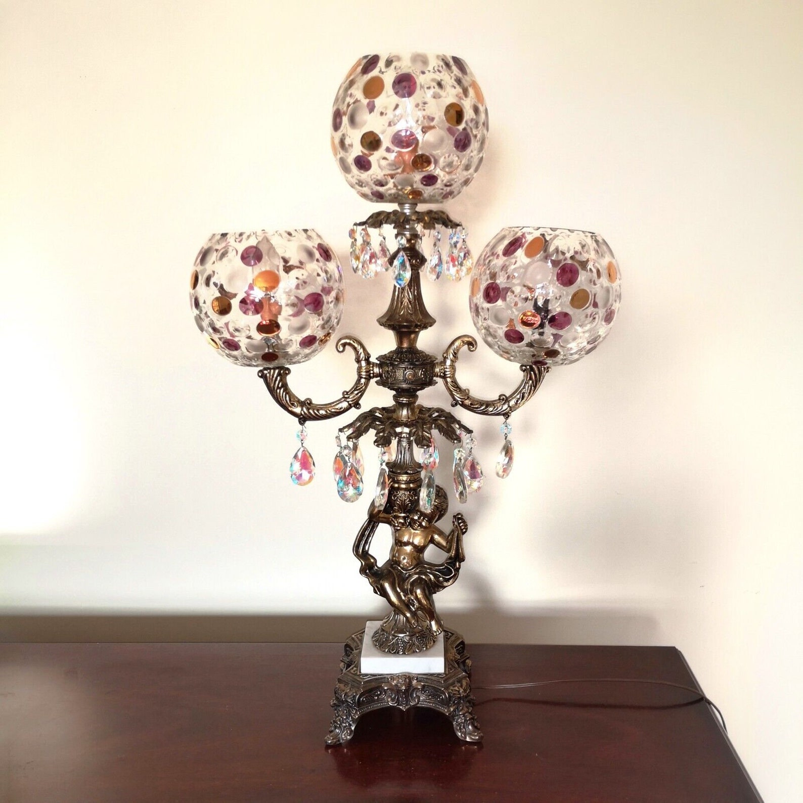 Vintage Nemo Glass Lamp, Czech, 3 Coin Dot Globes, Brass Marble Cherub ...