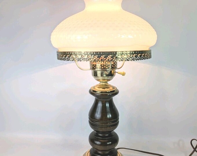 Vintage Brass and Wood Hurricane Table Lamp With White Hobnail Milk ...